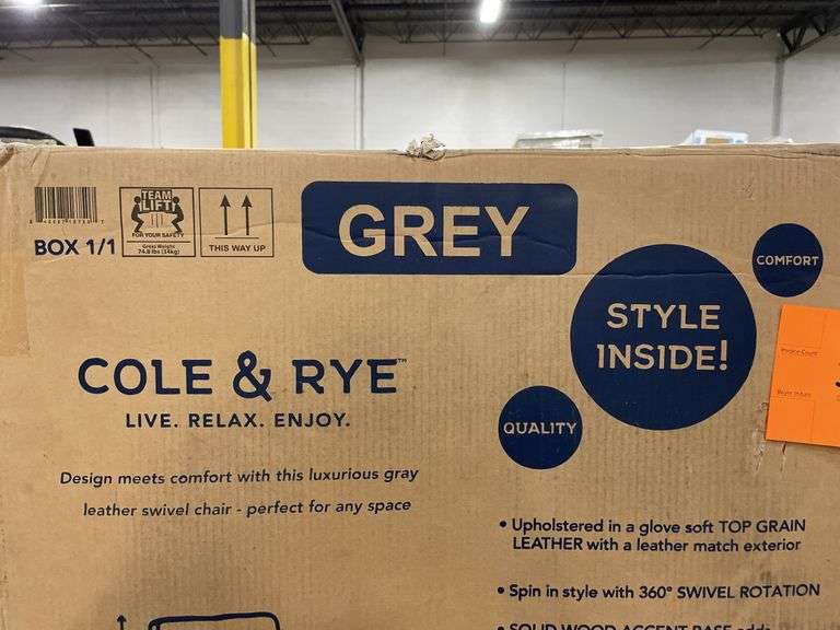COLE & RYE TOP GRAIN LEATHER SWIVEL CHAIR IN BOX - GREY - Earl's ...