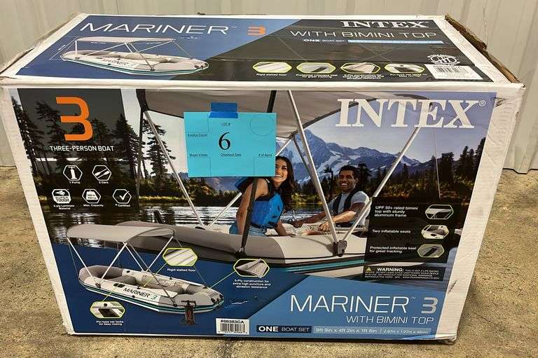 INTEX MARINER 3 PERSON BOAT W/ BIMINI TOP IN BOX - Earl's Auction Company
