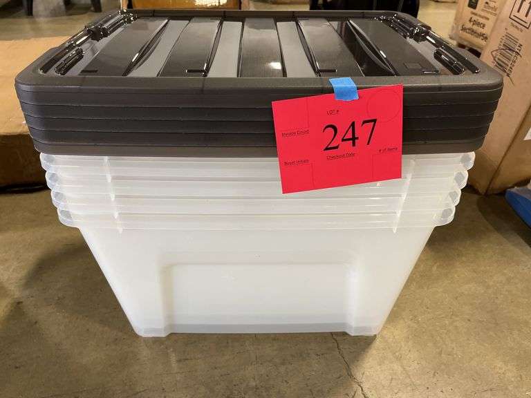 5 CLEAR PLASTIC TOTES W/ LIDS - Earl's Auction Company