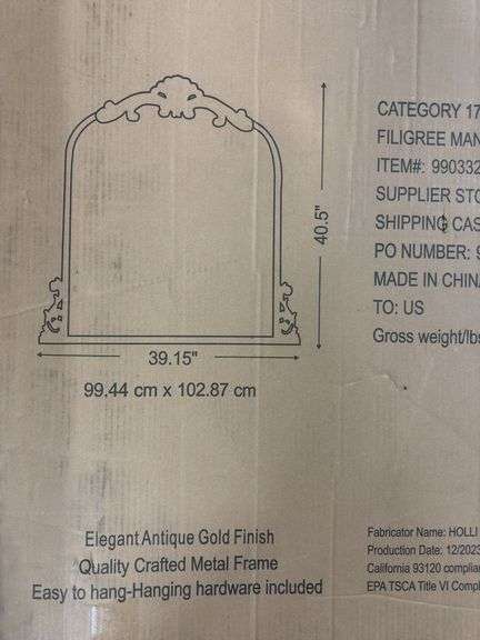 AZALEA PARK GOLD FILIGREE MANTLE MIRROR IN BOX - Earl's Auction Company