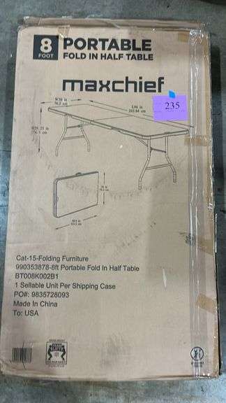 MAXCHIEF 8FT PORTABLE FOLD IN HALF TABLE IN BOX - Earl's Auction Company