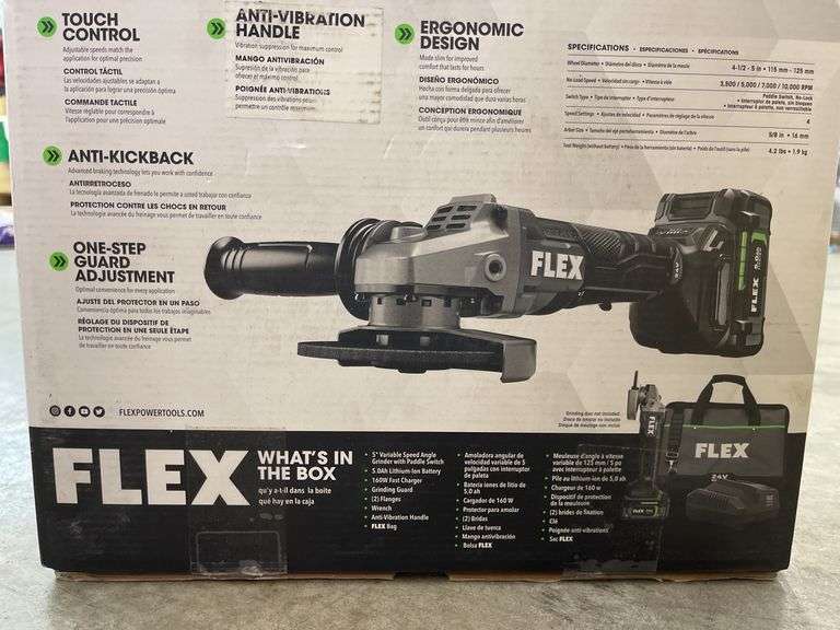 FLEX 24V BRUSHLESS 5" ANGLE GRINDER KIT IN BOX - Earl's Auction Company