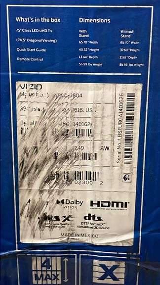 VIZIO 75" 4K SMART TV IN BOX - Earl's Auction Company