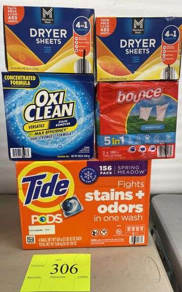 5PC LAUNDRY LOT - TIDE PODS, OXI CLEAN & DRYER SHEETS - Earl's Auction Company