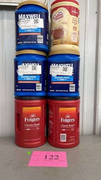 6PC COFFEE LOT - FOLGERS, MAXWELL HOUSE & CREAMER - Earl's Auction Company