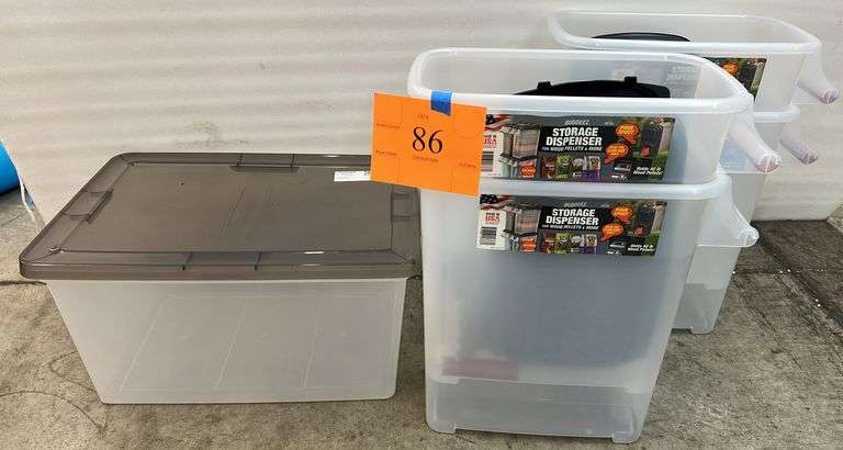 PLASTIC STORAGE TOTE & (4) STORAGE DISPENSERS W/ LIDS - Earl's Auction ...