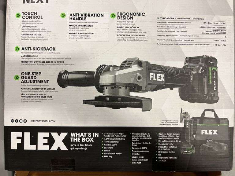 FLEX 24V 5" VARIABLE SPEED ANGLE GRINDER W/ PADDLE SWITCH KIT IN BOX ...