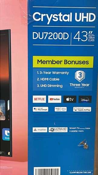 SAMSUNG 43" CRYSTAL UHD DU7200D SMART TV IN BOX - Earl's Auction Company