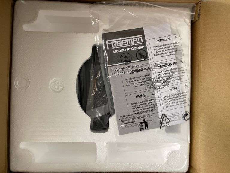FREEMAN 3 GAL OIL FREE PANCAKE COMPRESSOR IN BOX - Earl's Auction Company