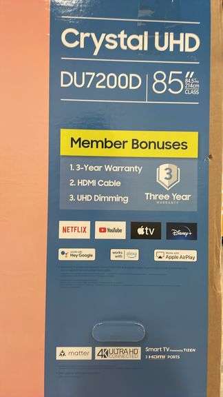 SAMSUNG 85" DU7200D CRYSTAL UHD 4K SMART TV IN BOX - Earl's Auction Company