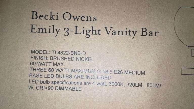 BECKI OWENS EMILY 3 LIGHT VANITY BAR IN BOX - Earl's Auction Company