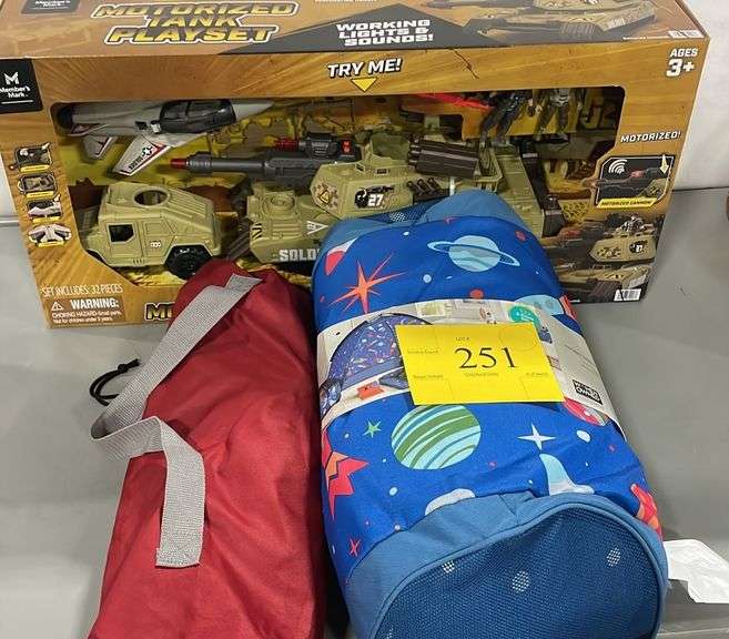 3PC KIDS LOT - SWING CHAIR, TANK PLAY SET, SLUMBER SET IN BAG - Earl's ...