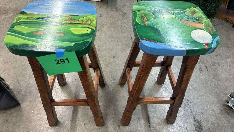 (2) GOLF PAINTED WOOD BAR STOOLS - Earl's Auction Company
