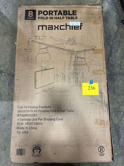 MAXCHIEF 8FT PORTABLE FOLD IN HALF TABLE IN BOX - Earl's Auction Company