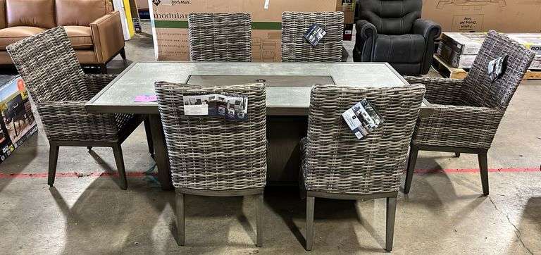 AS IS - SUNBRELLA HALSTEAD 7PC DINING SET W/ FIRE TABLE - GREY/ BROWN ...