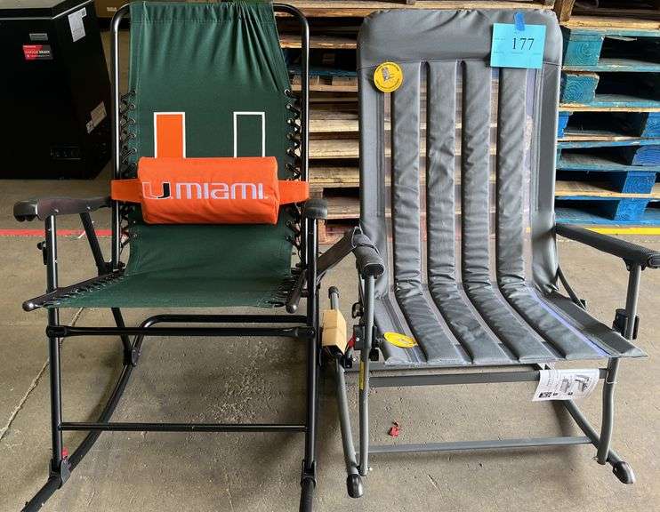 (2) PORTABLE ROCKING CHAIRS - GREY & U MIAMI - Earl's Auction Company