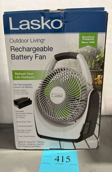 LASKO RECHARGEABLE BATTERY FAN IN BOX - Earl's Auction Company