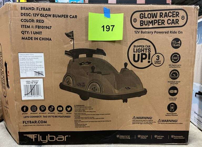 KIDS FLYBAR 12V GLOW RACER BUMPER CAR IN BOX - RED - Earl's Auction Company