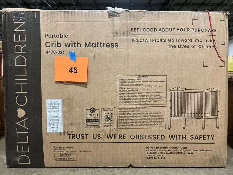 DELTA CHILDREN PORTABLE CRIB W/ MATTRESS IN BOX - GREY - Earl's Auction ...