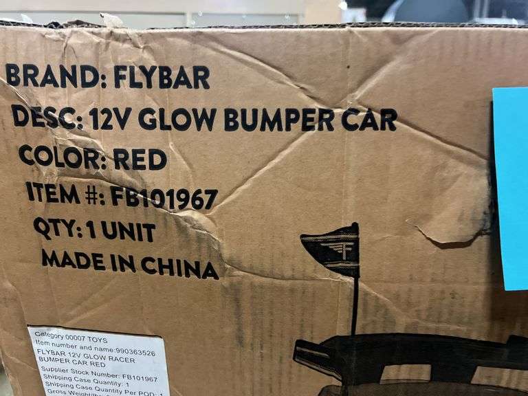 KIDS FLYBAR 12V GLOW RACER BUMPER CAR IN BOX - RED - Earl's Auction Company