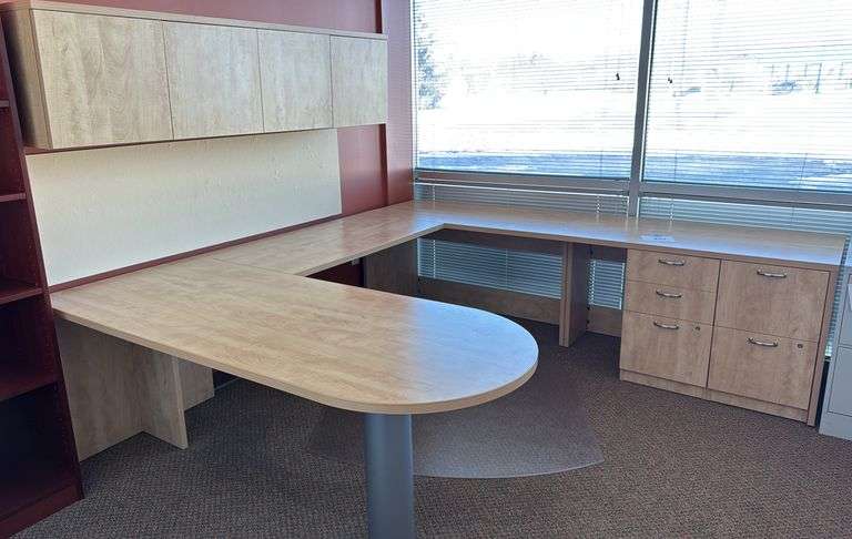 CURVED OFFICE DESK W/ WALL CABINET & BULLETIN BOARD - Earl's Auction ...