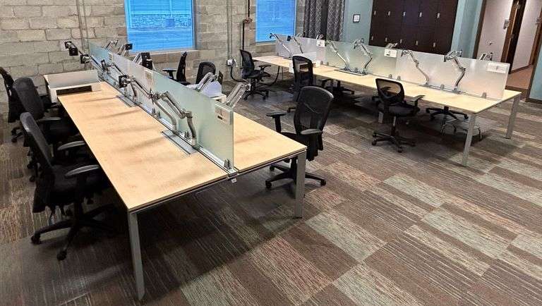 (2) LARGE OFFICE DESKS W/ PC MOUNTING BRACKETS (DESKS & BRACKETS ONLY ...