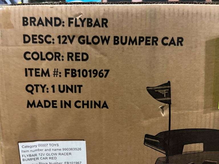 KIDS FLYBAR 12V GLOW RACER BUMPER CAR IN BOX - RED - Earl's Auction Company