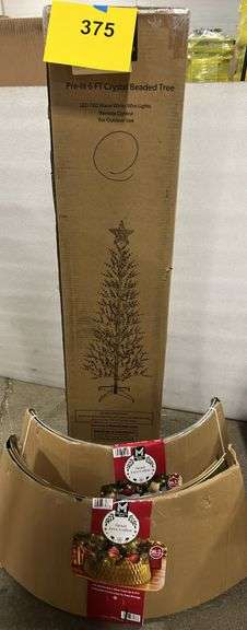 PRE LIT 6FT CRYSTAL BEADED TREE & (2) METAL TREE COLLARS IN BOXES ...