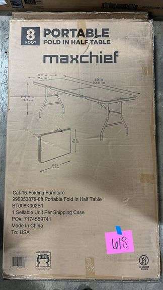 MAXCHIEF 8FT PORTABLE FOLD IN HALF TABLE IN BOX - Earl's Auction Company