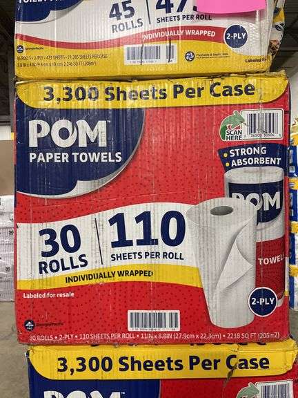 (2) BOXES OF POM PAPER TOWELS & (1) BOX OF POM TOILET PAPER - Earl's ...