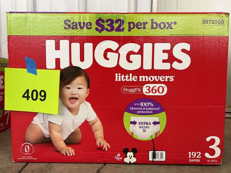 BOX OF HUGGIES DIAPERS - SIZE 3 - Earl's Auction Company