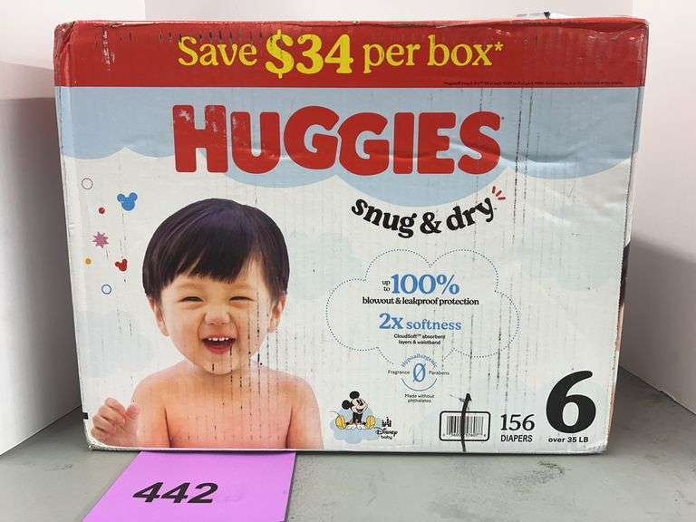 BOX OF HUGGIES DIAPERS - SIZE 6 - Earl's Auction Company