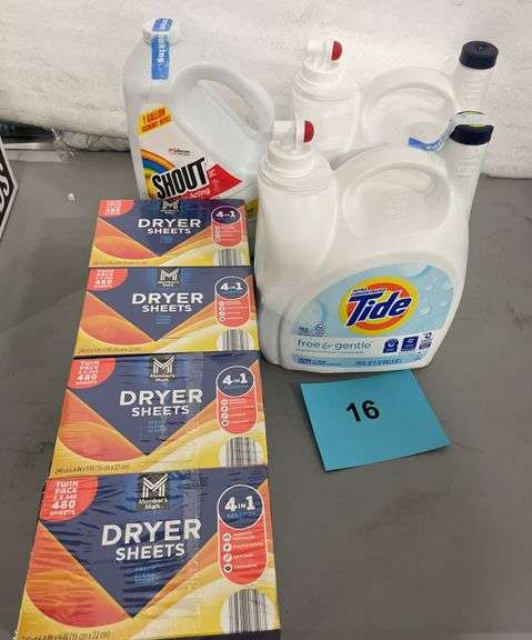 5PC LAUNDRY LOT - TIDE, SHOUT & DRYER SHEETS - Earl's Auction Company