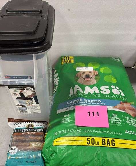 3PC DOG LOT - FOOD STORAGE, FOOD, TREATS - Earl's Auction Company