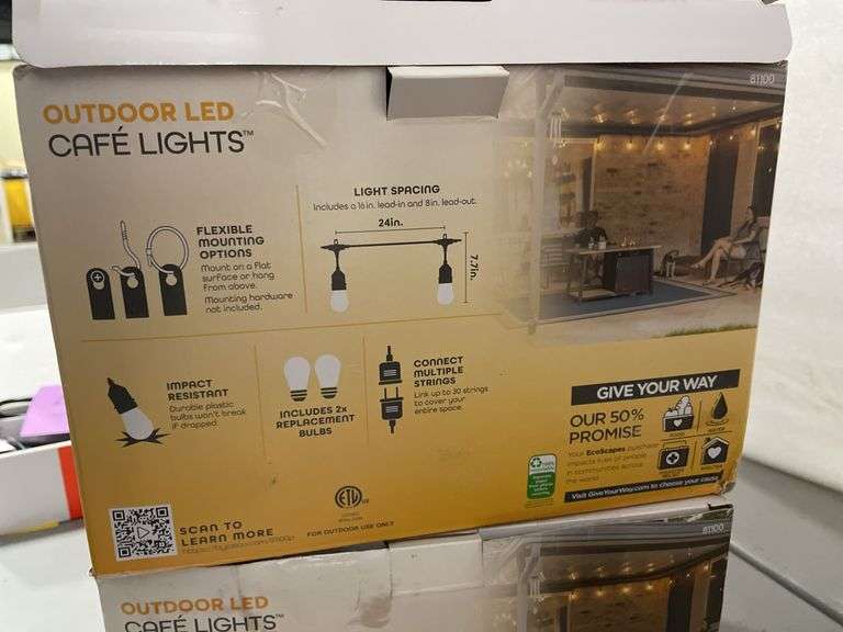 (2) ECO SCAPES OUTDOOR LED CAFE LIGHTS IN BOX - Earl's Auction Company