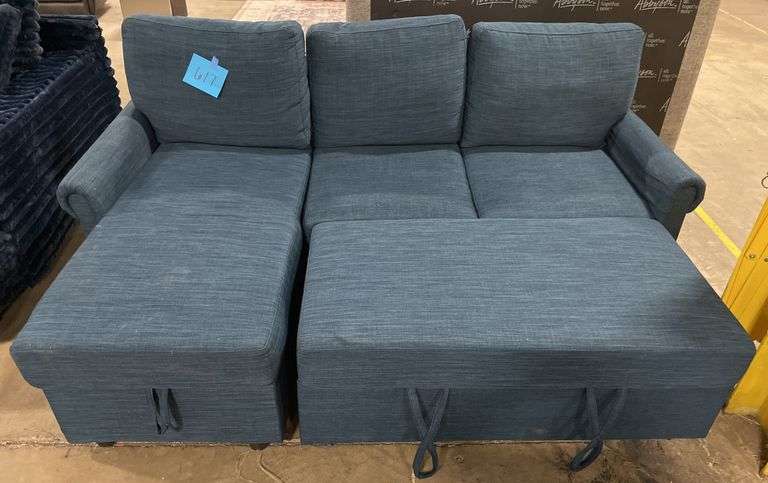 AS IS - HAMILTON STORAGE SLEEPER SOFA - BLUE - Earl's Auction Company