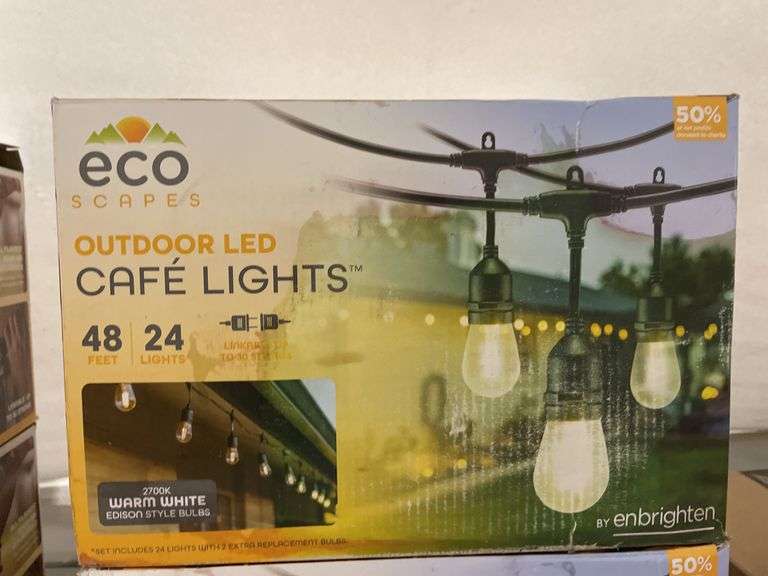 (2) ECO SCAPES OUTDOOR LED CAFE LIGHTS IN BOX - Earl's Auction Company