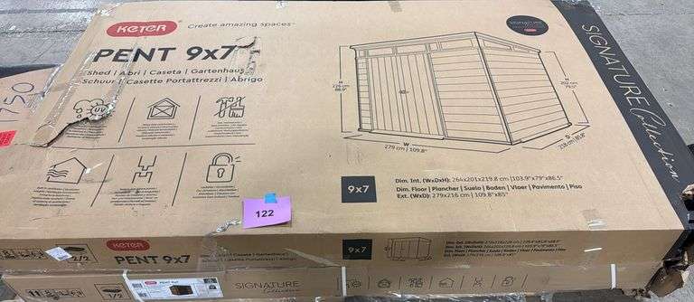 AS IS - KETER PENT 9X7 SHED IN BOXES - Earl's Auction Company