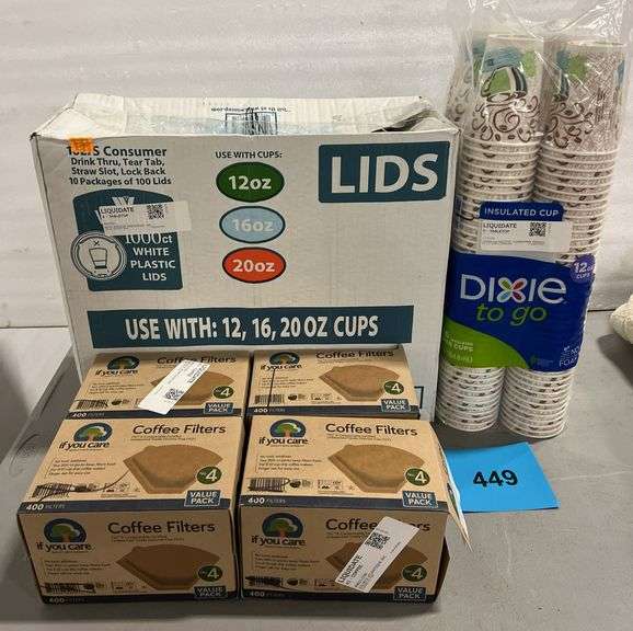 6PC DISPOSABLE SERVEWARE LOT - CUPS, LIDS & FILTERS - Earl's Auction ...