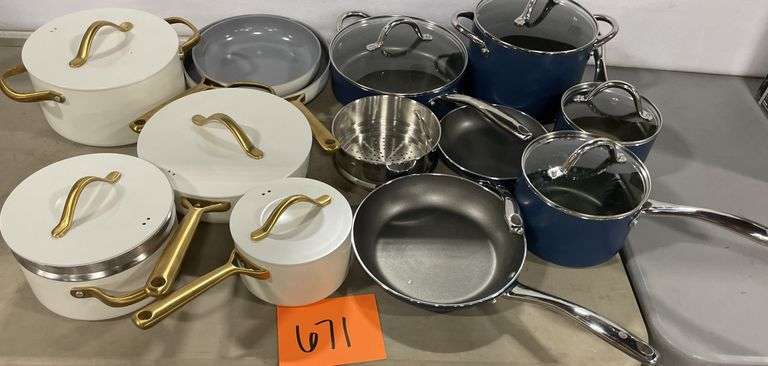 AS IS - 21PC CERAMIC COOKWARE LOT - CREAM & NAVY BLUE - Earl's Auction ...