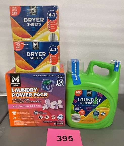 3PC LAUNDRY LOT - DETERGENT, PACS, SHEETS - Earl's Auction Company