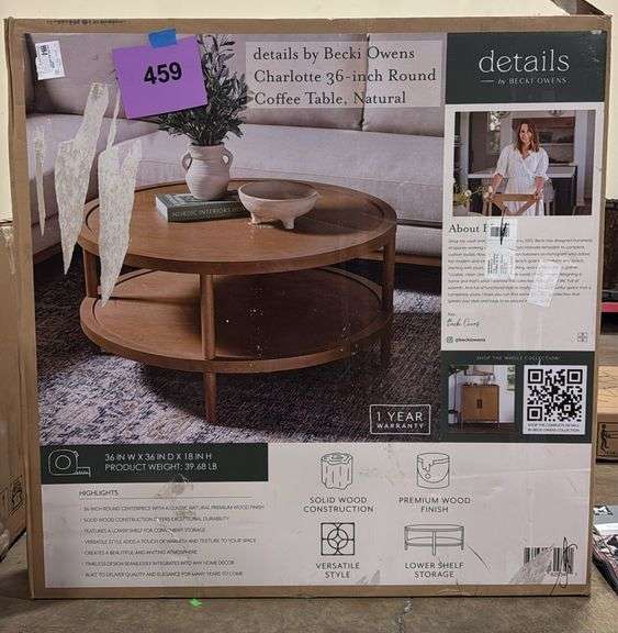 BECKI OWENS 36" ROUND COFFEE TABLE IN BOX - Earl's Auction Company