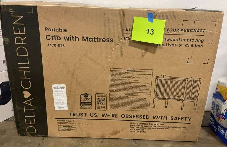 DELTA CHILDREN PORTABLE CRIB W/ MATTRESS IN BOX - GREY - Earl's Auction ...