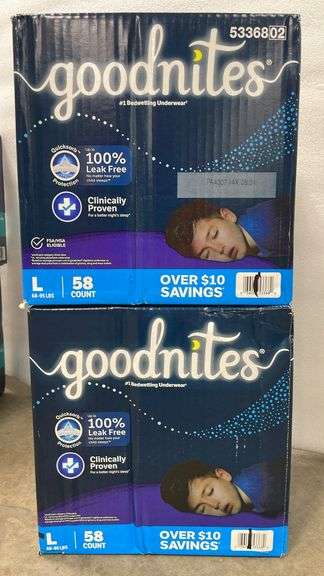 (2) BOXES OF GOODNITES KIDS UNDERWEAR - SIZE L - Earl's Auction Company