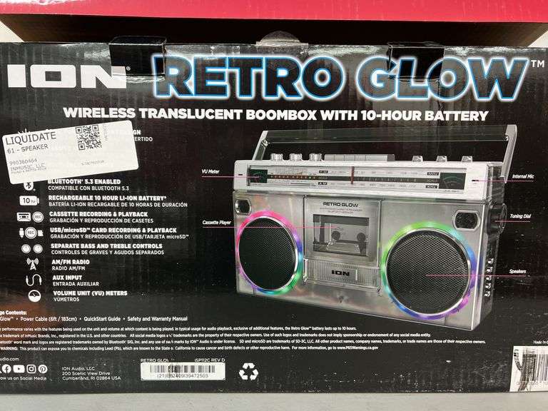 ION RETRO GLOW WIRELESS TRANSLUCENT BOOMBOX IN BOX - Earl's Auction Company