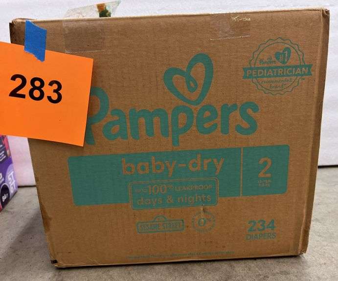 BOX OF PAMPERS DIAPERS - SIZE 2 - Earl's Auction Company