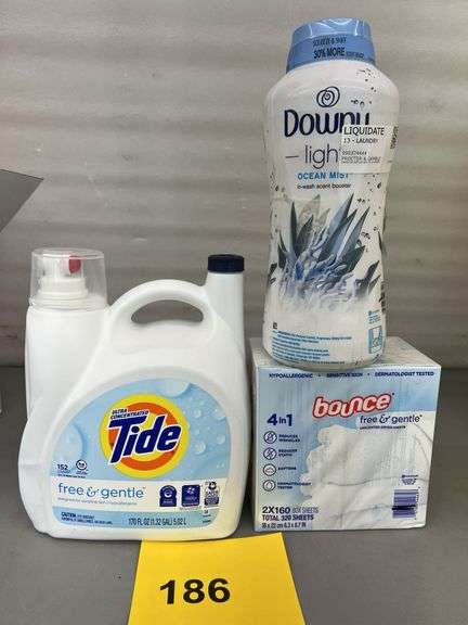 3PC LAUNDRY LOT - TIDE, DOWNY & BOUNCE - Earl's Auction Company