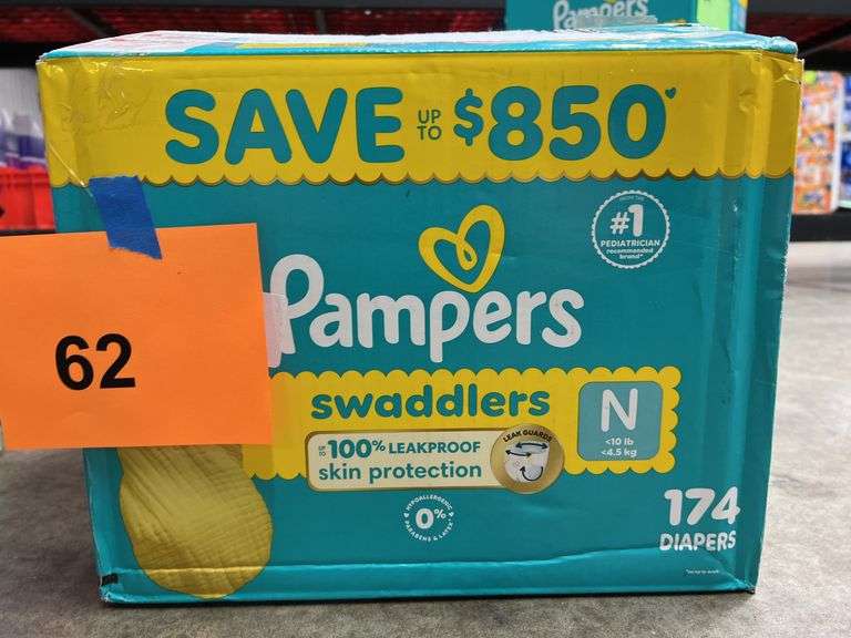 BOX OF PAMPERS DIAPERS - SIZE N - Earl's Auction Company