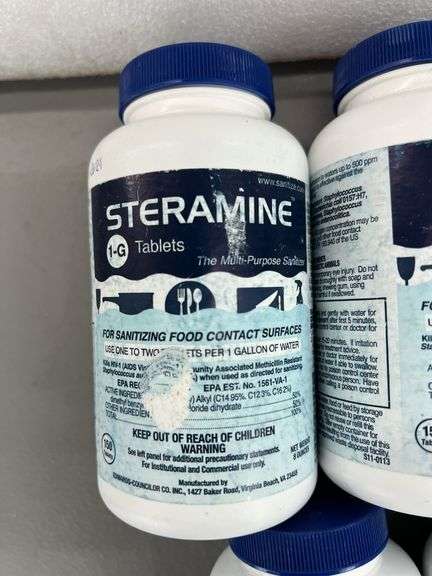 (5) BOTTLES OF STERAMINE SANITIZING TABLETS - Earl's Auction Company