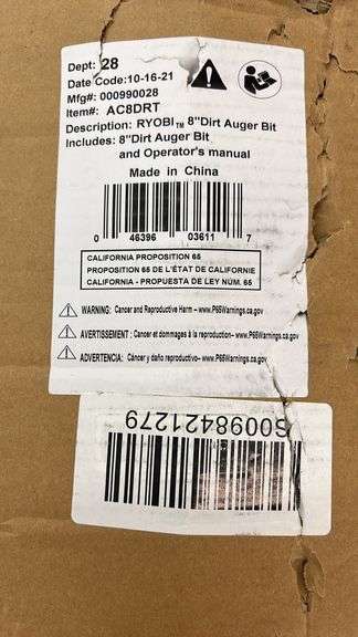 RYOBI 8" DIRT AUGER BIT - Earl's Auction Company